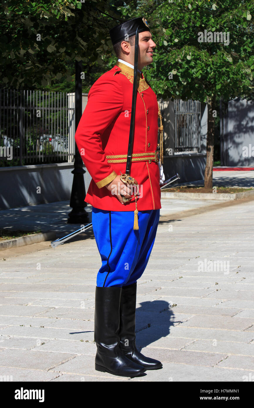 A smiling officer of the presidential guard at the entrance of the ...