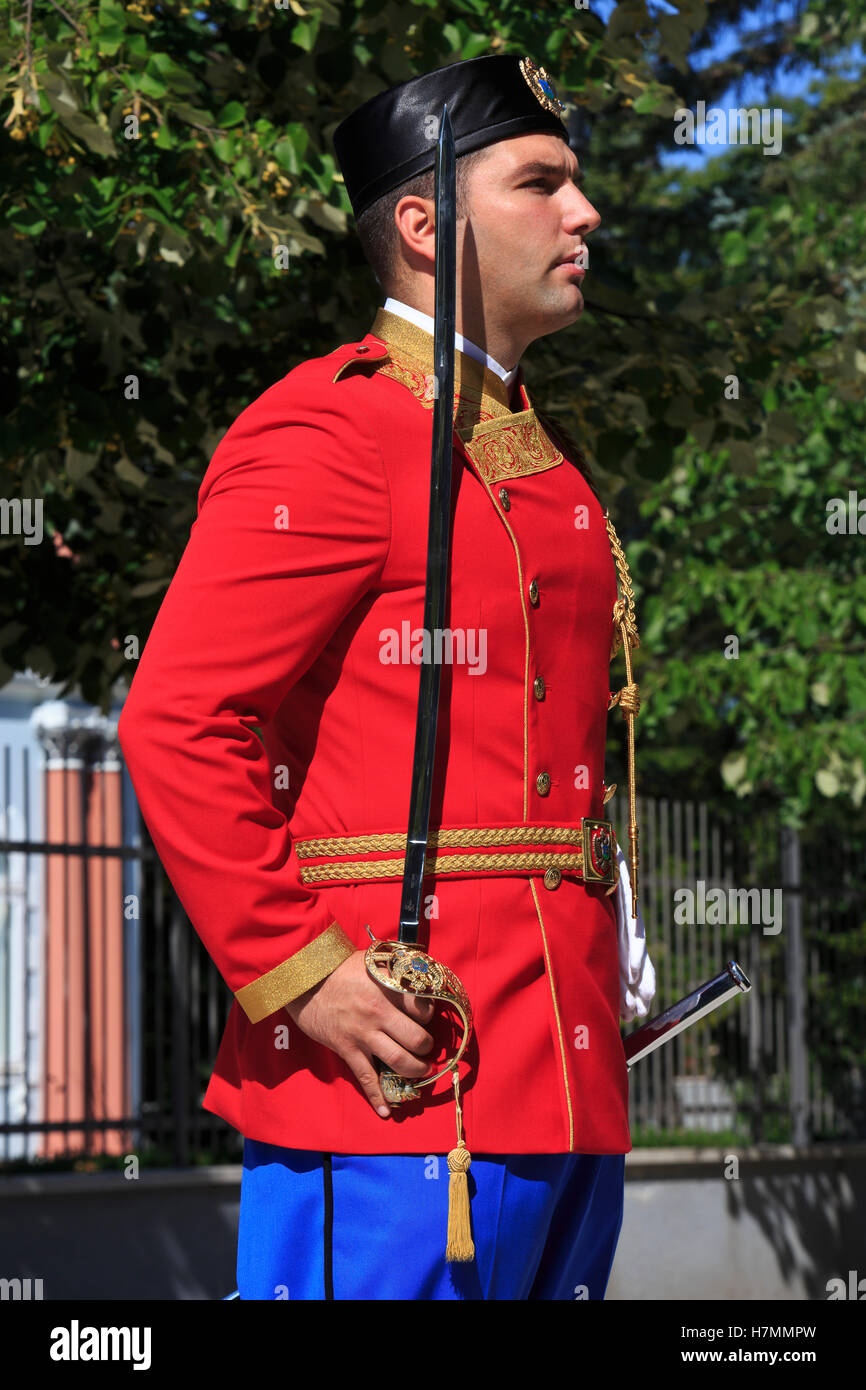 An officer of the presidential guard at the entrance of the residence ...