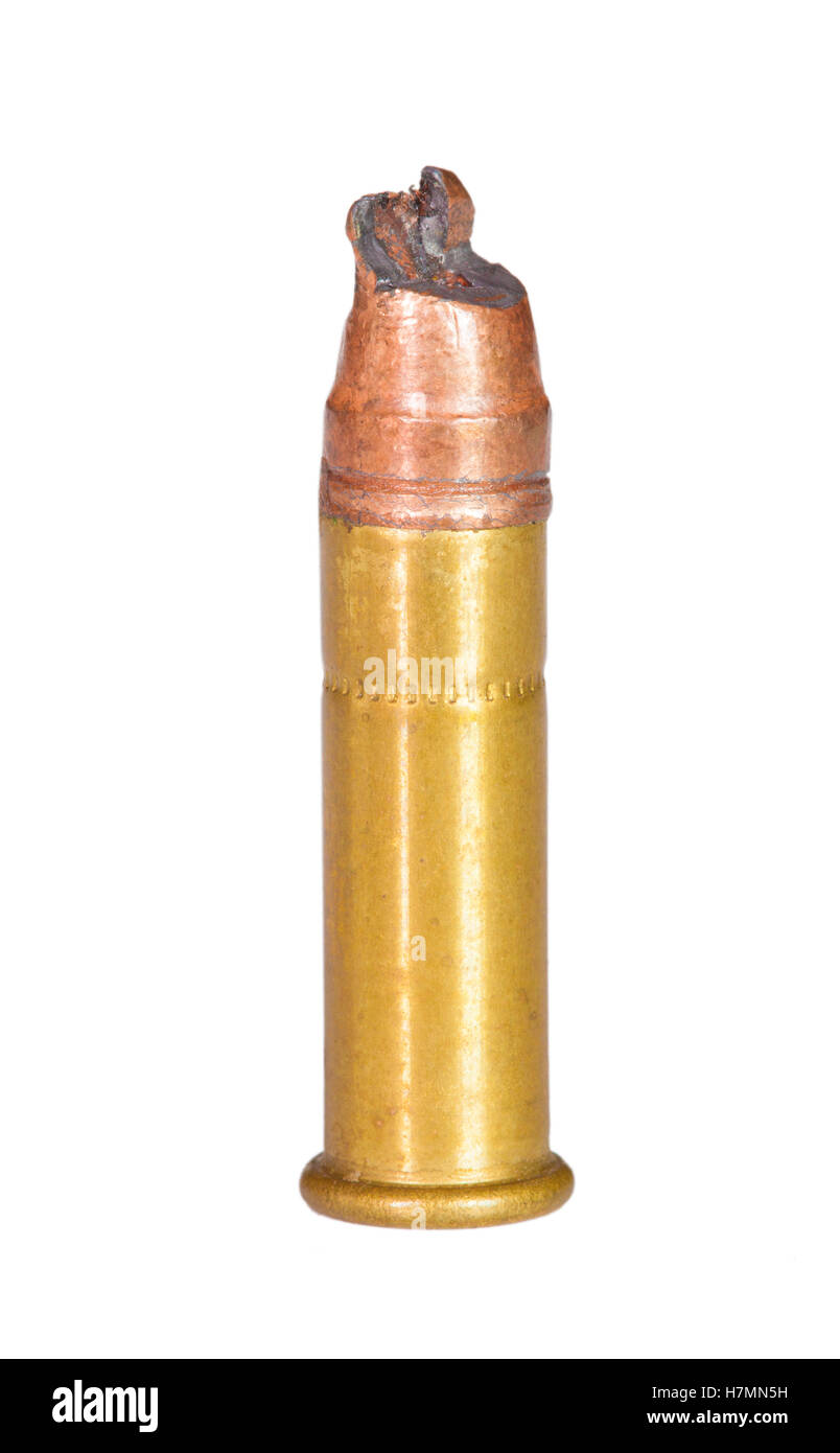 Rimfire cartridge that has its bullet damaged due to a stovepipe Stock ...