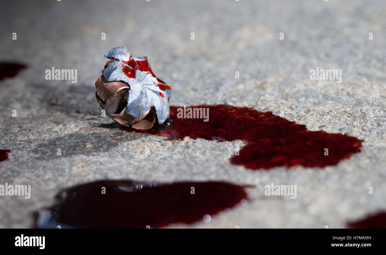 Hollow point bullet expanded on concrete with blood around Stock Photo ...
