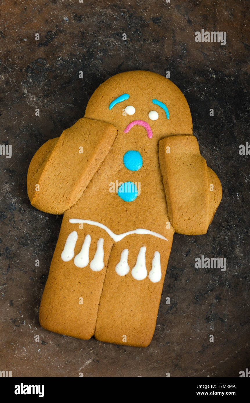 Sad gingerbread man cookie on a rustic plate Stock Photo - Alamy