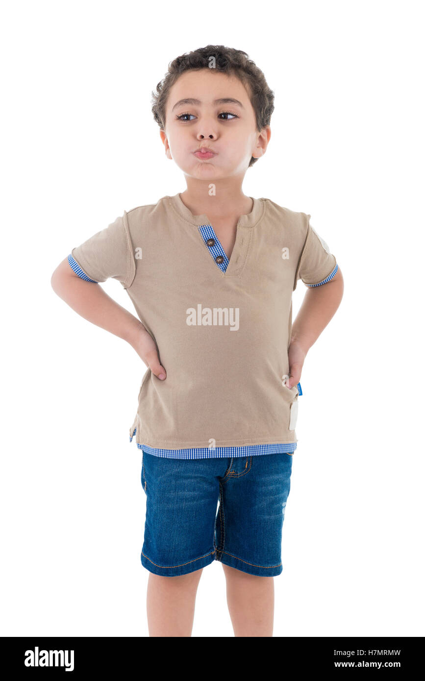 A Little Bored Boy Isolated on White Background Stock Photo - Alamy