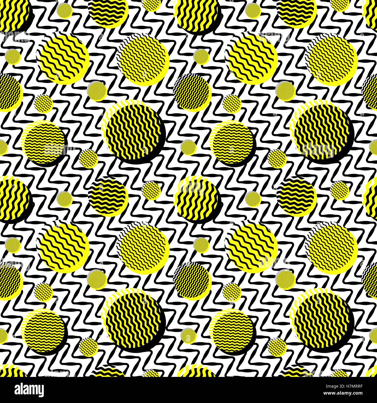 Vector Seamless Black White Yellow Vintage 80s Wavy Lines And Circles ...