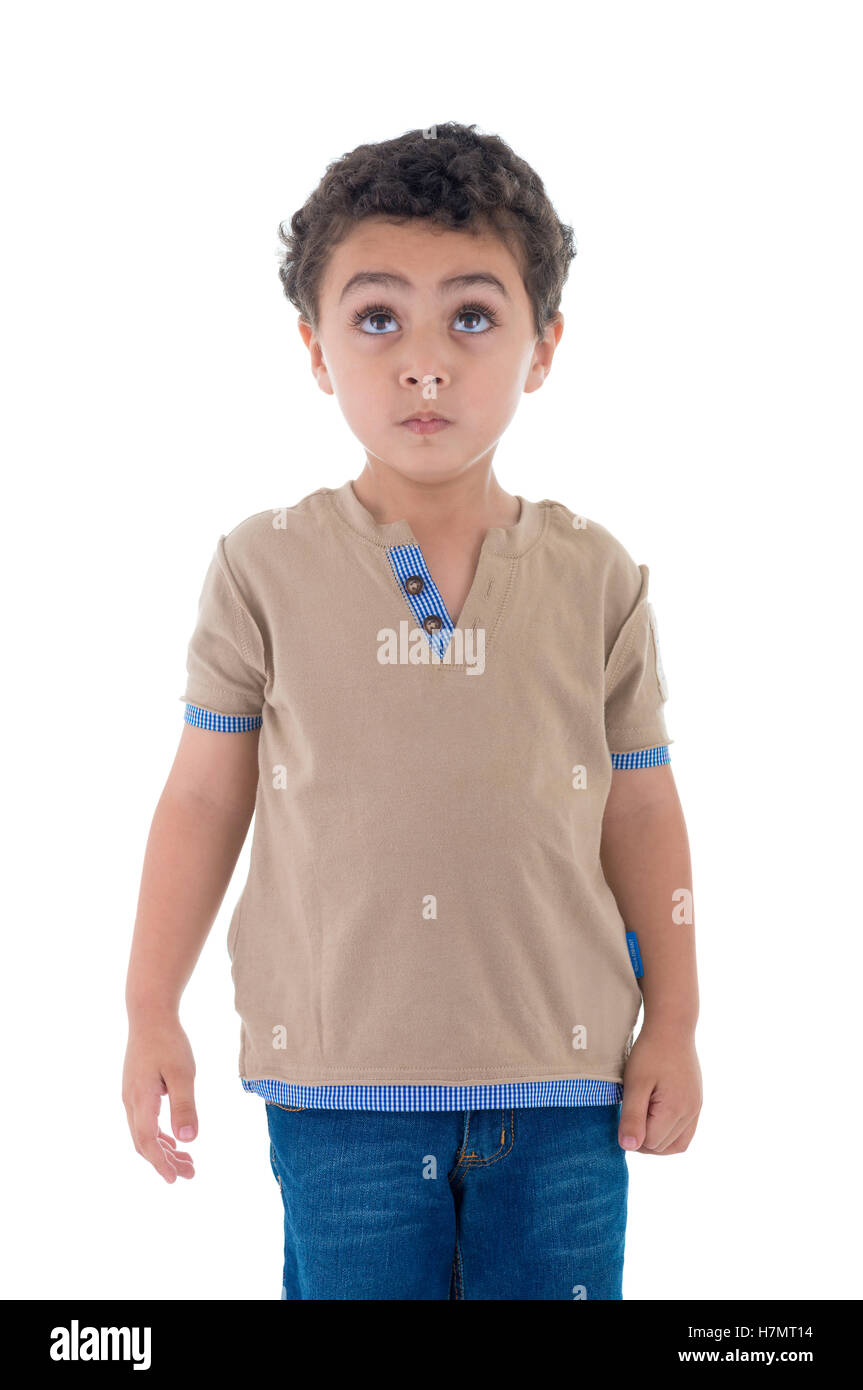 Adorable Little Surprised Boy Looking Up Isolated on White Background ...