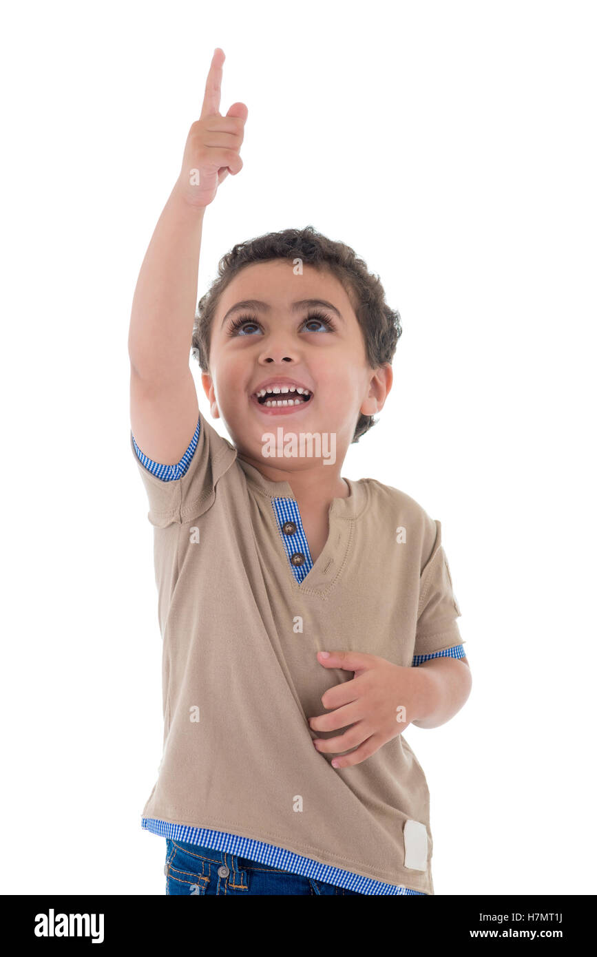 Adorable Happy Boy Pointing Up Isolated on White Background Stock Photo ...