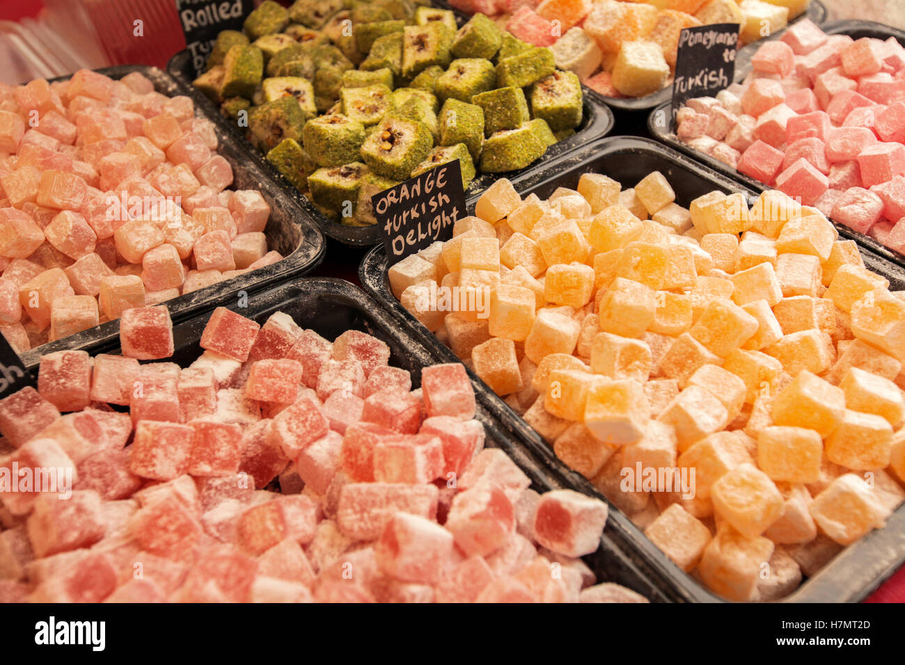 Turkish delights on sale on a London Pimlico market Stock Photo - Alamy