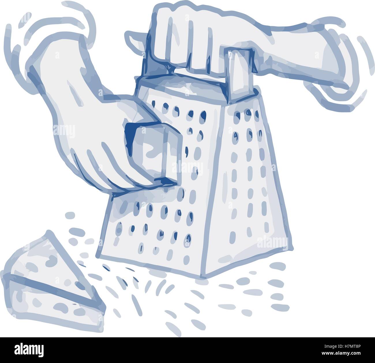 Watercolor style illustration of a hand grating cheese on a handheld ...