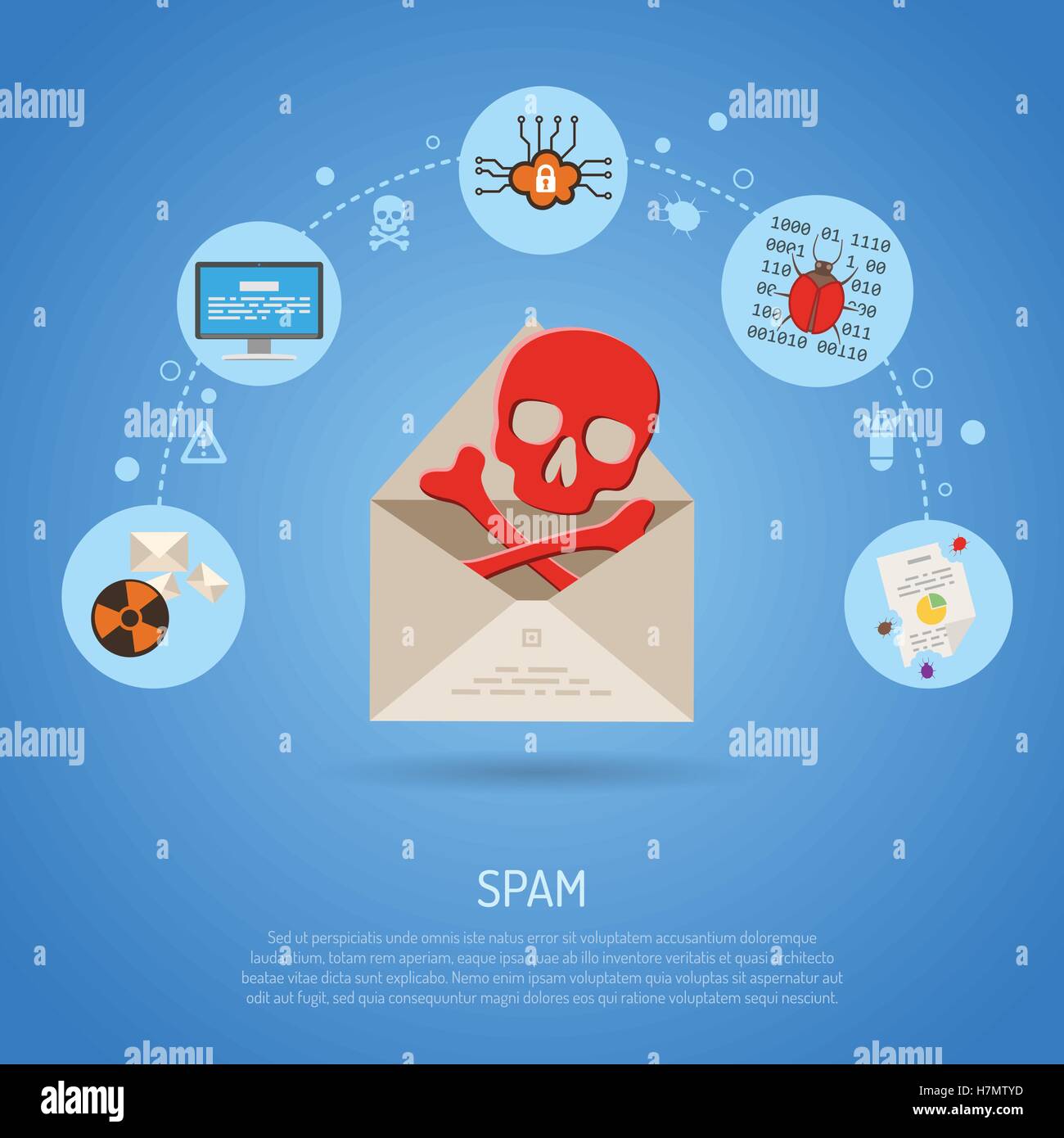 Cyber Crime and Spam Concept with Email and Skull Flat Icons, Virus ...