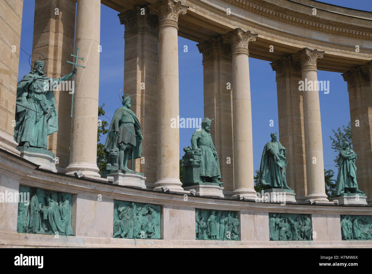 Statues of five Hungarian Kings on the left colonnade of the Millennium ...