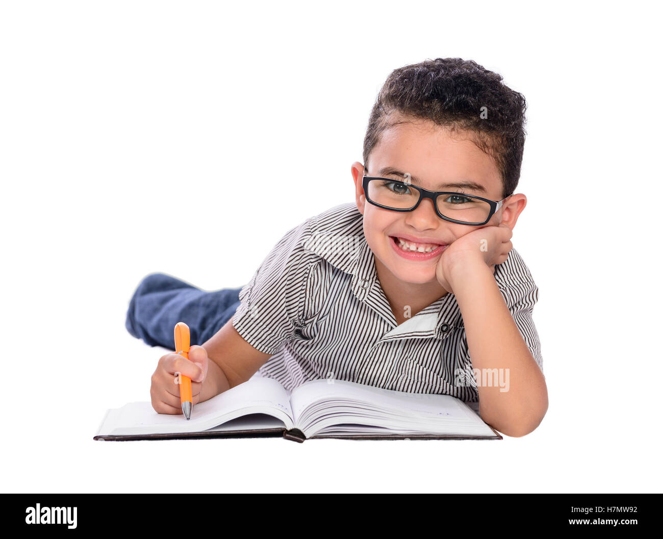 Adorable Happy Boy Studying Isolated on White Background Stock Photo ...