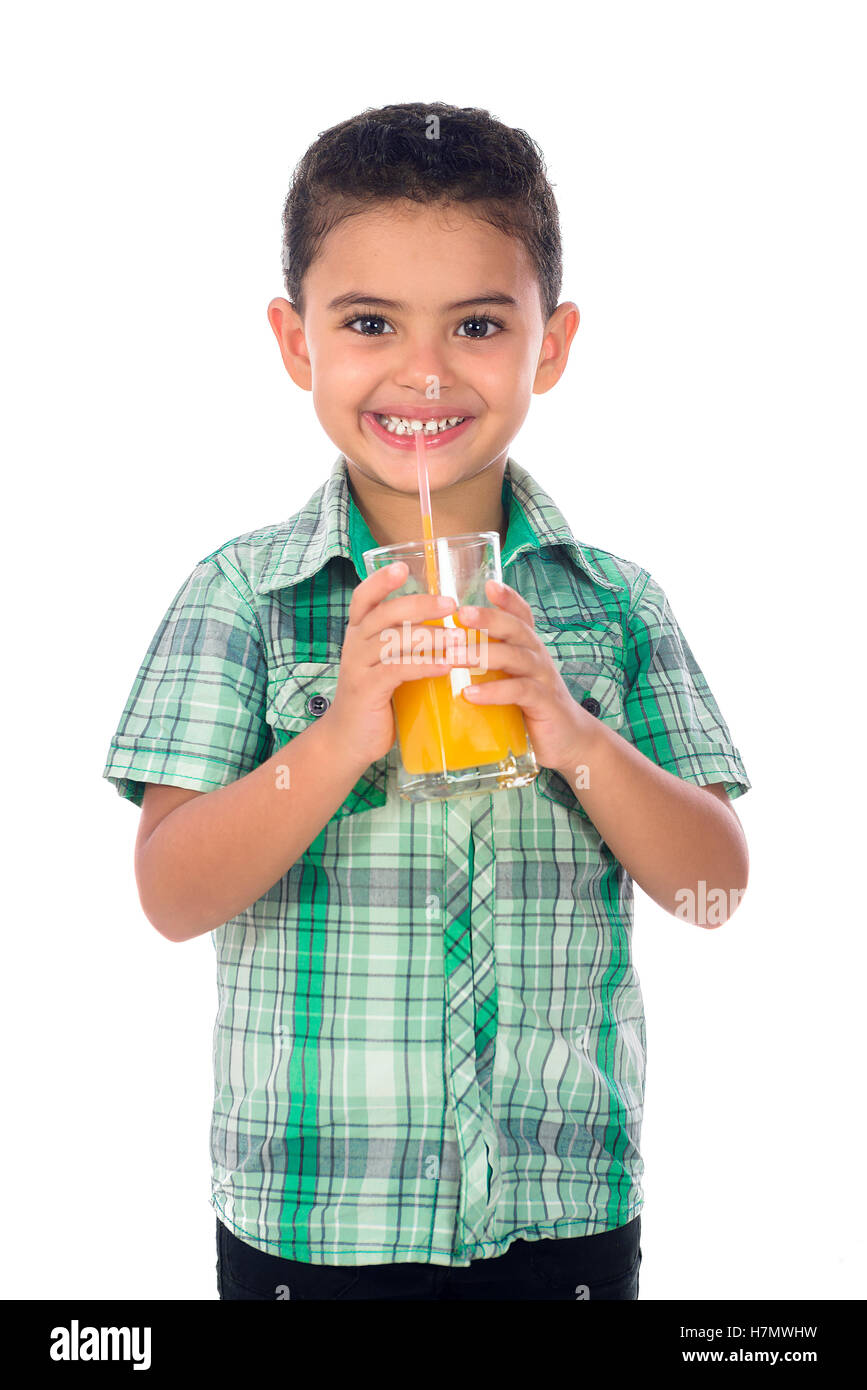 Smiling Boy Drinking Orange Juice With A Straw Stock Photo - Alamy