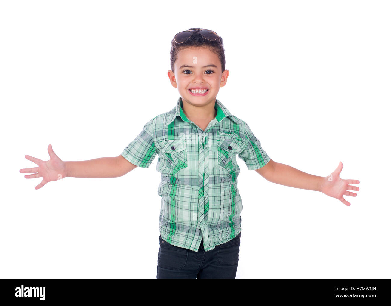 Happy Boy With Open Arms Isolated on White Background Stock Photo - Alamy
