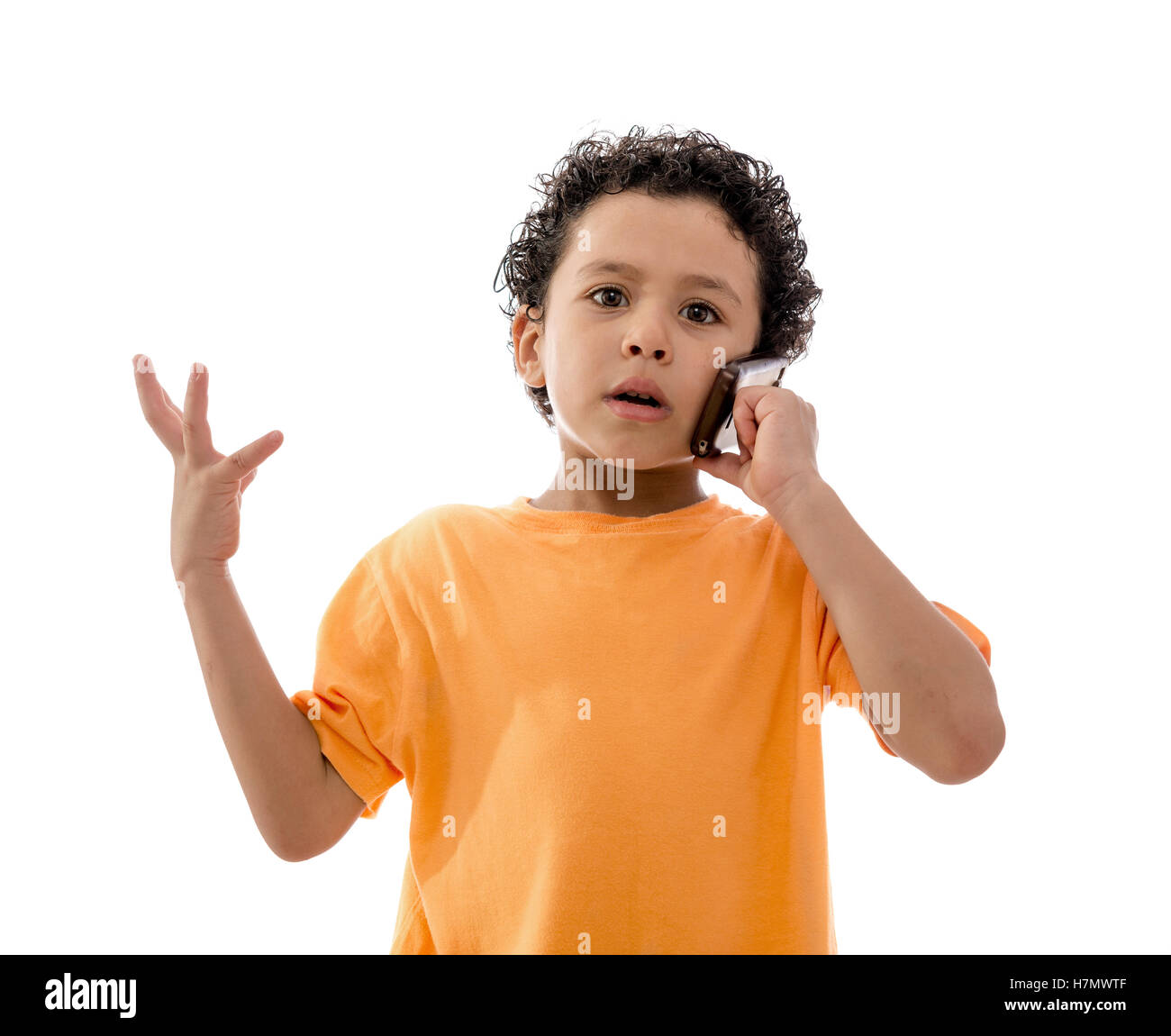 Little Boy Having a Serious Phone Call Isolated on White Background ...