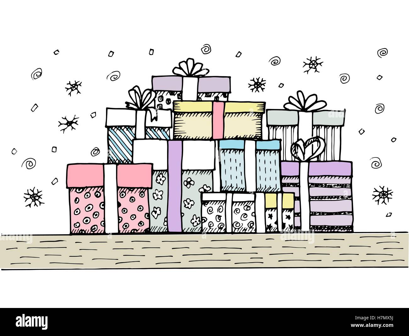Hand - drawn pile of Christmas gifts on white background. Doodle Stock ...
