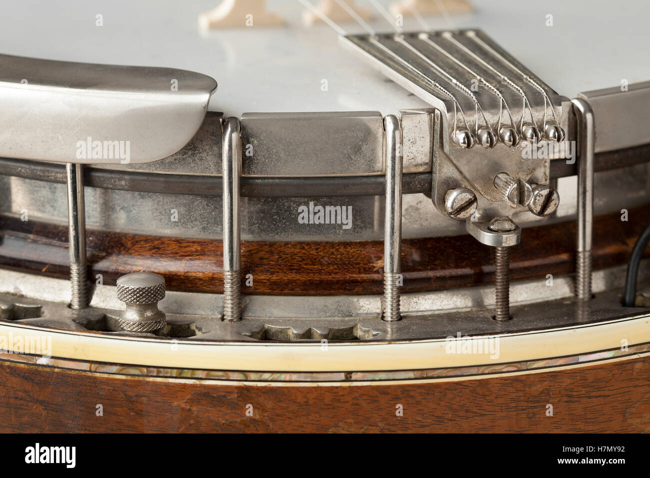 Banjo tailpiece close up Stock Photo - Alamy