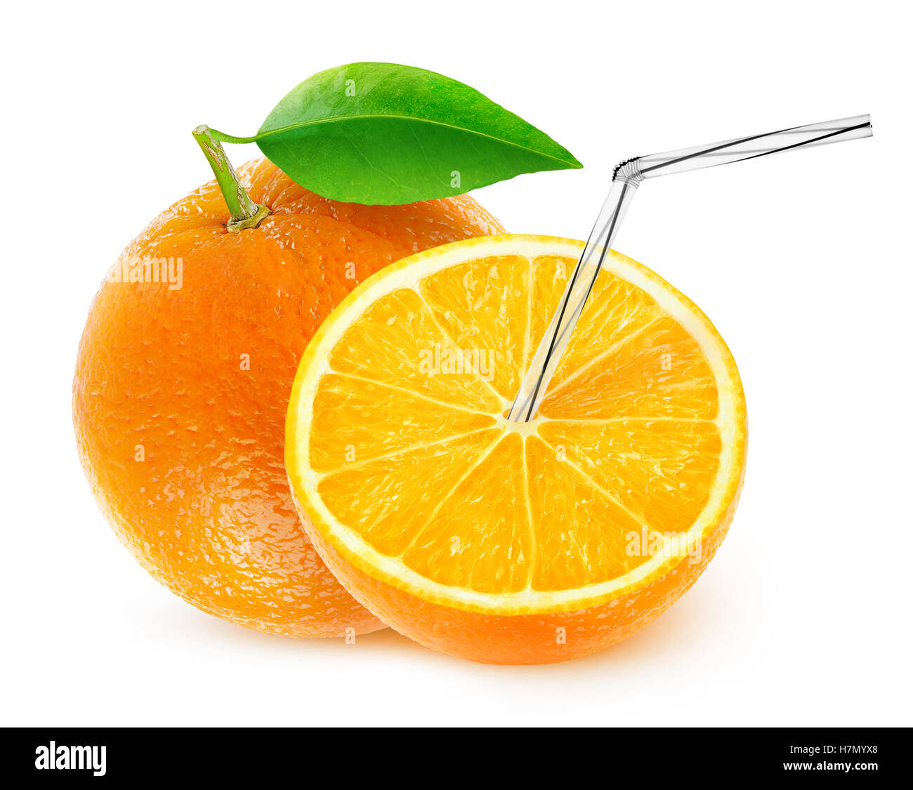 Isolated orange juice. One and a half fruit with straw in it, natural ...