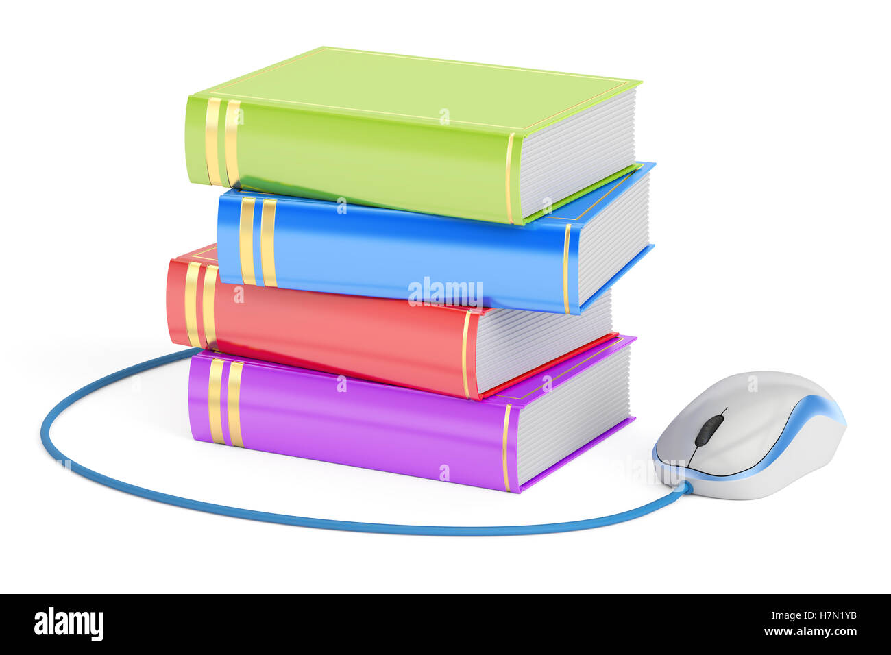 E-learning concept, books with computer mouse. 3D rendering isolated on ...