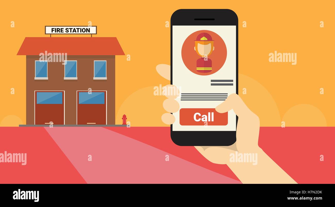 Hand Hold Cell Smart Phone Application Online Fireman Call Banner Flat ...