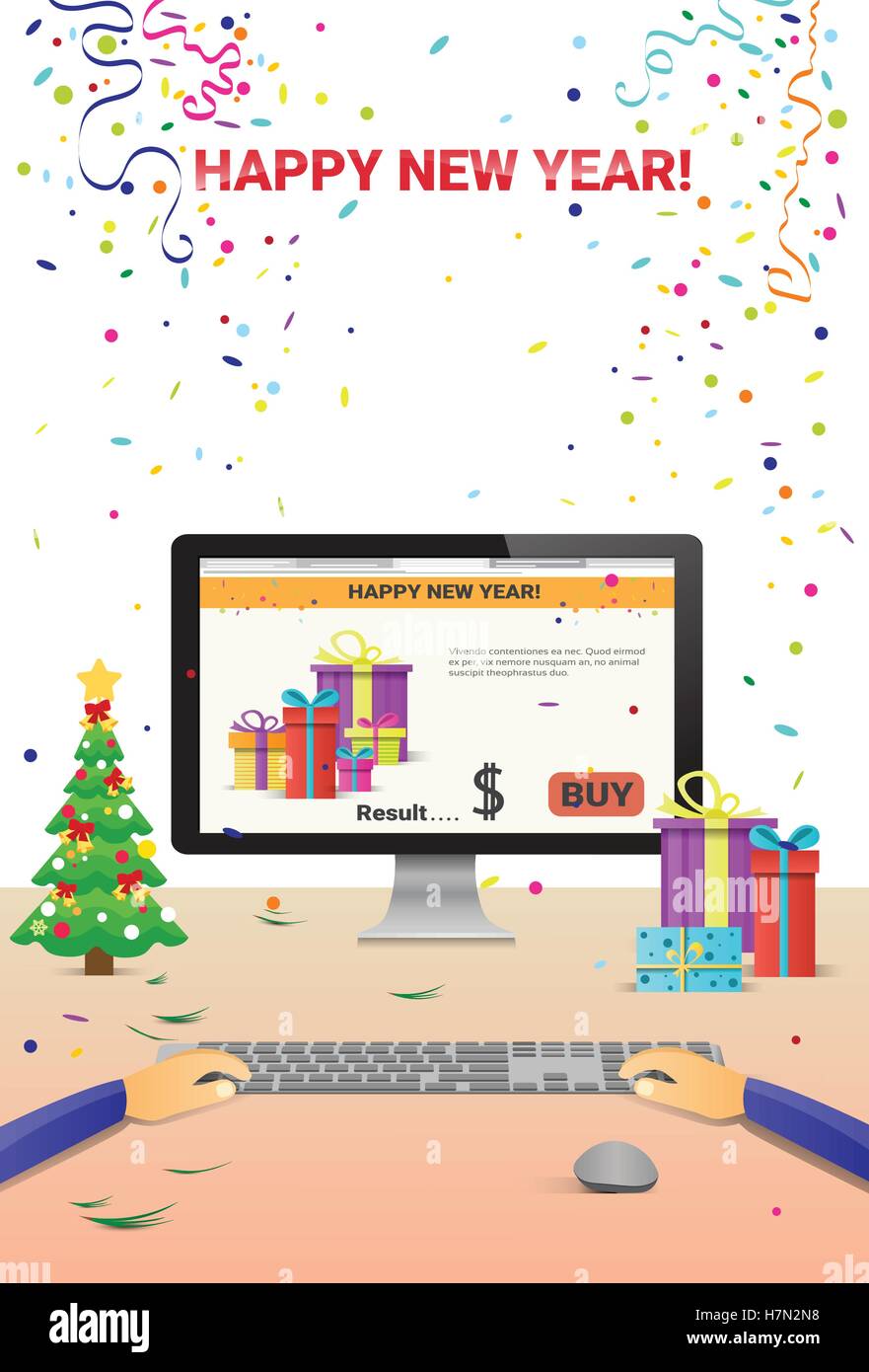 Decorated Workplace Computer Hands Using Typing Happy New Year Internet ...