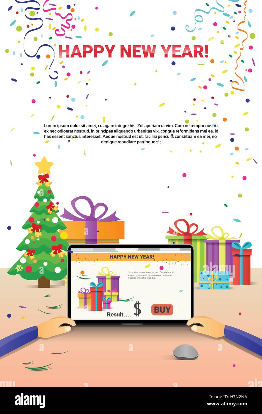 Decorated Workplace Laptop Computer Hands Using Typing Happy New Year ...