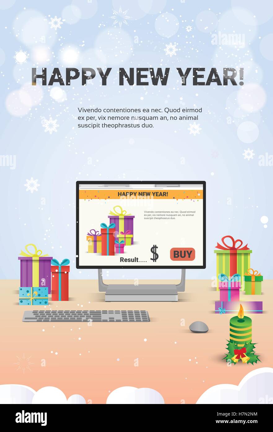 Decorated Workplace Computer Happy New Year Decoration Flat Vector ...