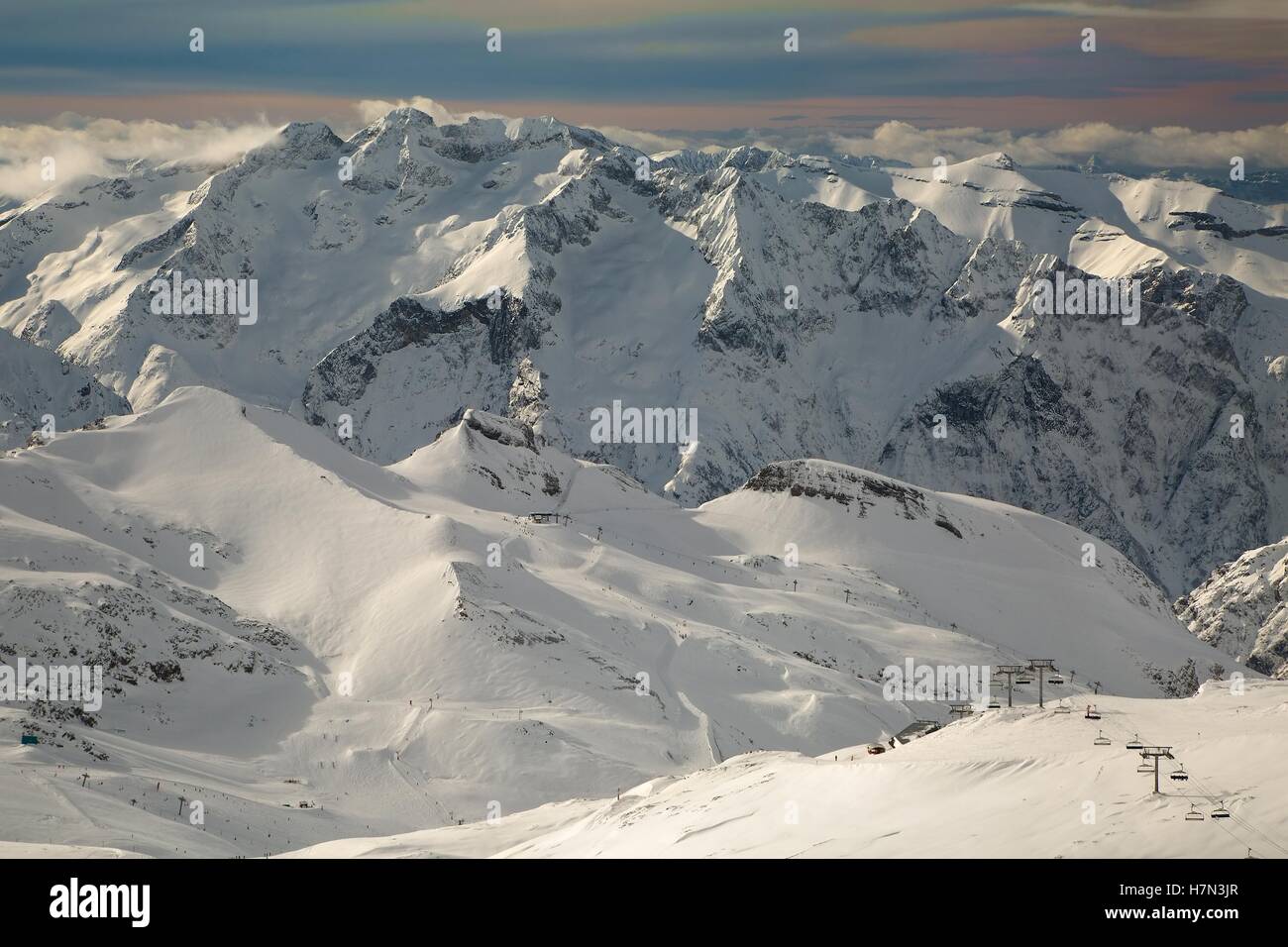 Skiing slopes, majestic Alpine landscape Stock Photo - Alamy