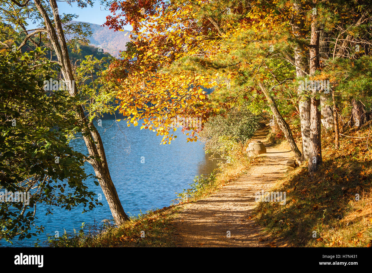 Walking trail along Lake Trahlyta at Vogel State Park in the Blue Ridge ...