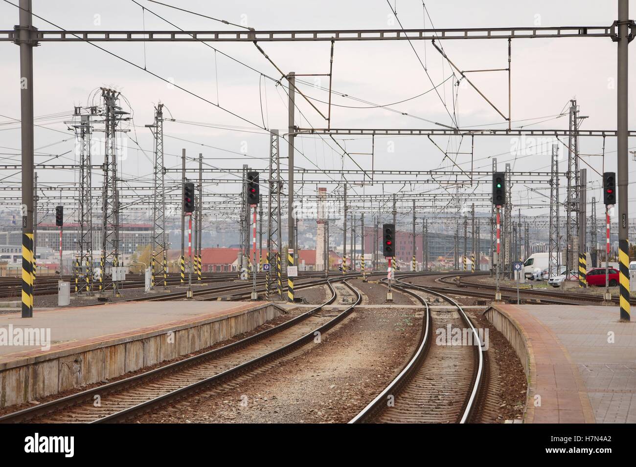 Railroad tracks with train Stock Photo - Alamy
