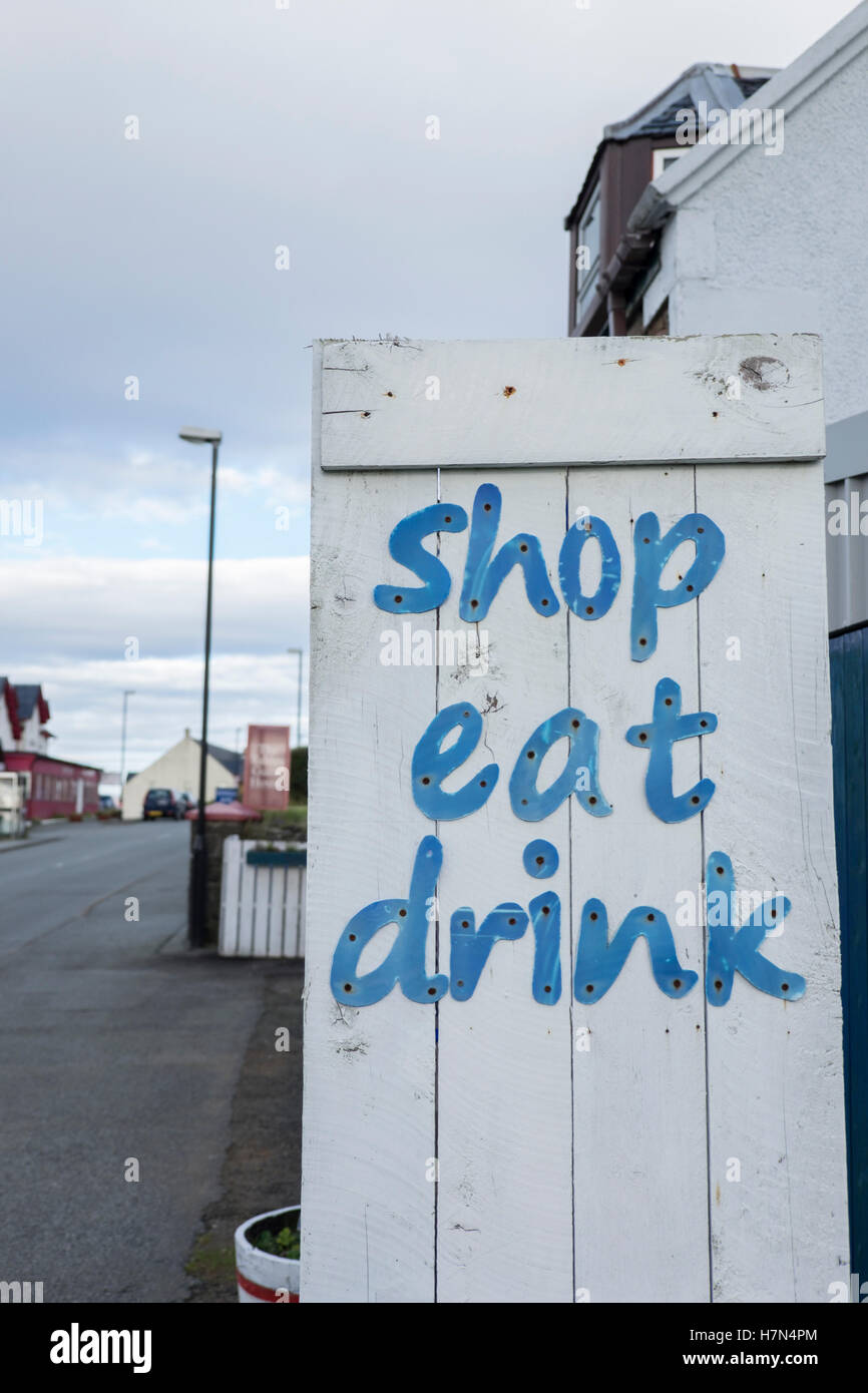 Wooden sign, Shop Eat Drink, Dunvegan, Isle of Skye, Scotland Stock ...