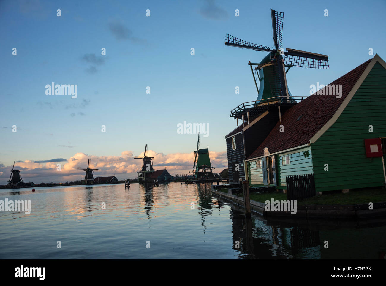 Dutch windmills on the dyke Zaandam classic Dutch scene Stock Photo - Alamy