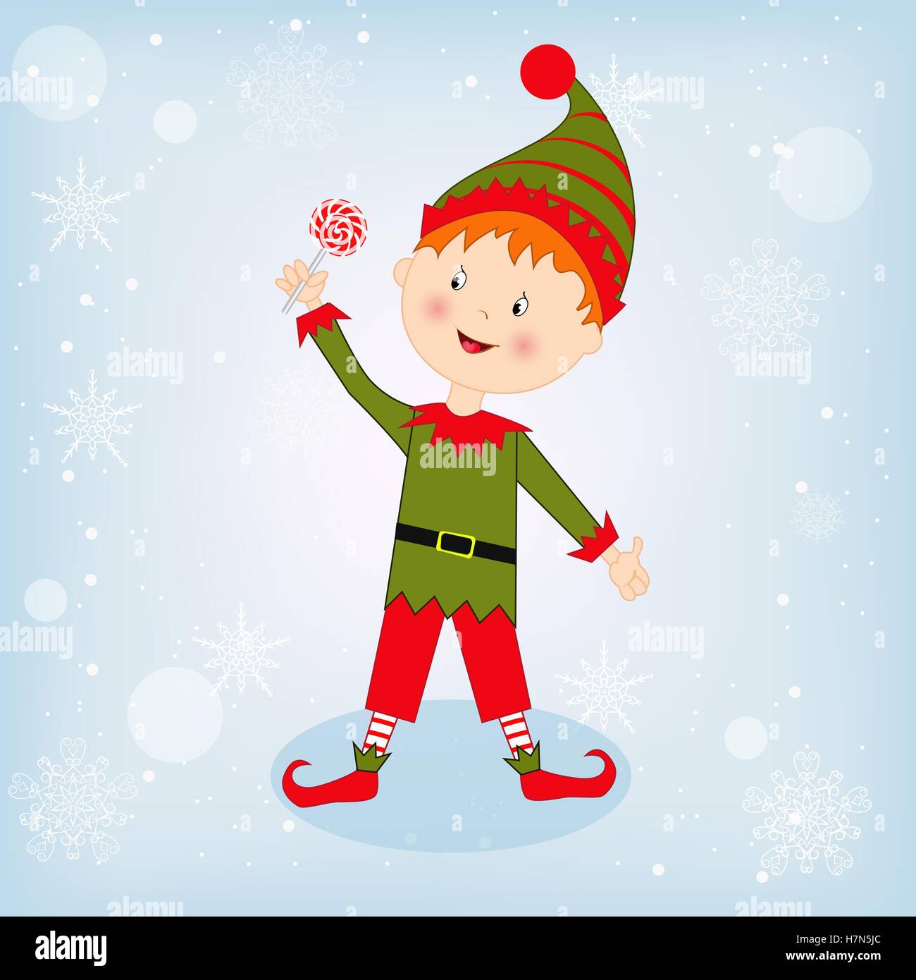 Cute Christmas elf with candy on the winter background Stock Vector ...