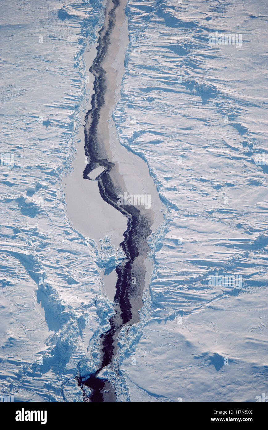 Aerial view of pressure ridges and lead in ice, Arctic Ocean, Arctic ...