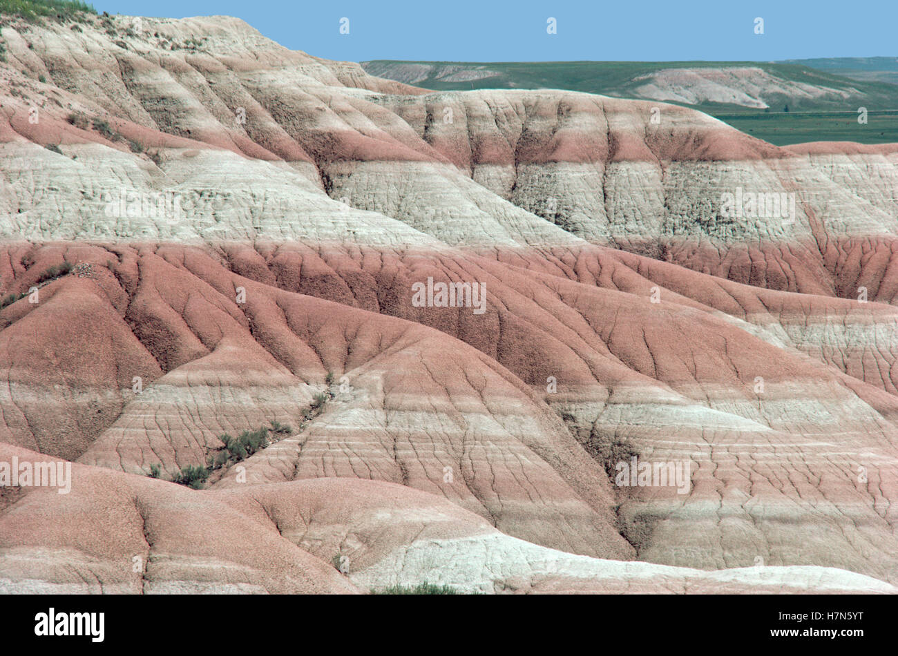 Erosion exposes sedimentary layers, Badlands National Park, South ...