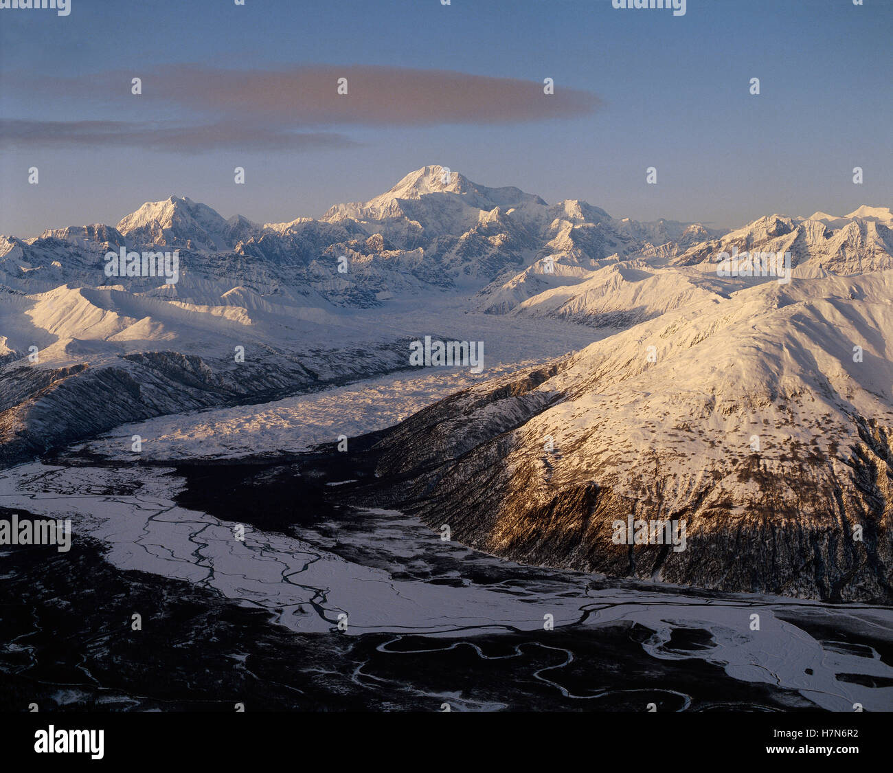 Mt Denali and mountain range with glacier, Denali National Park and ...