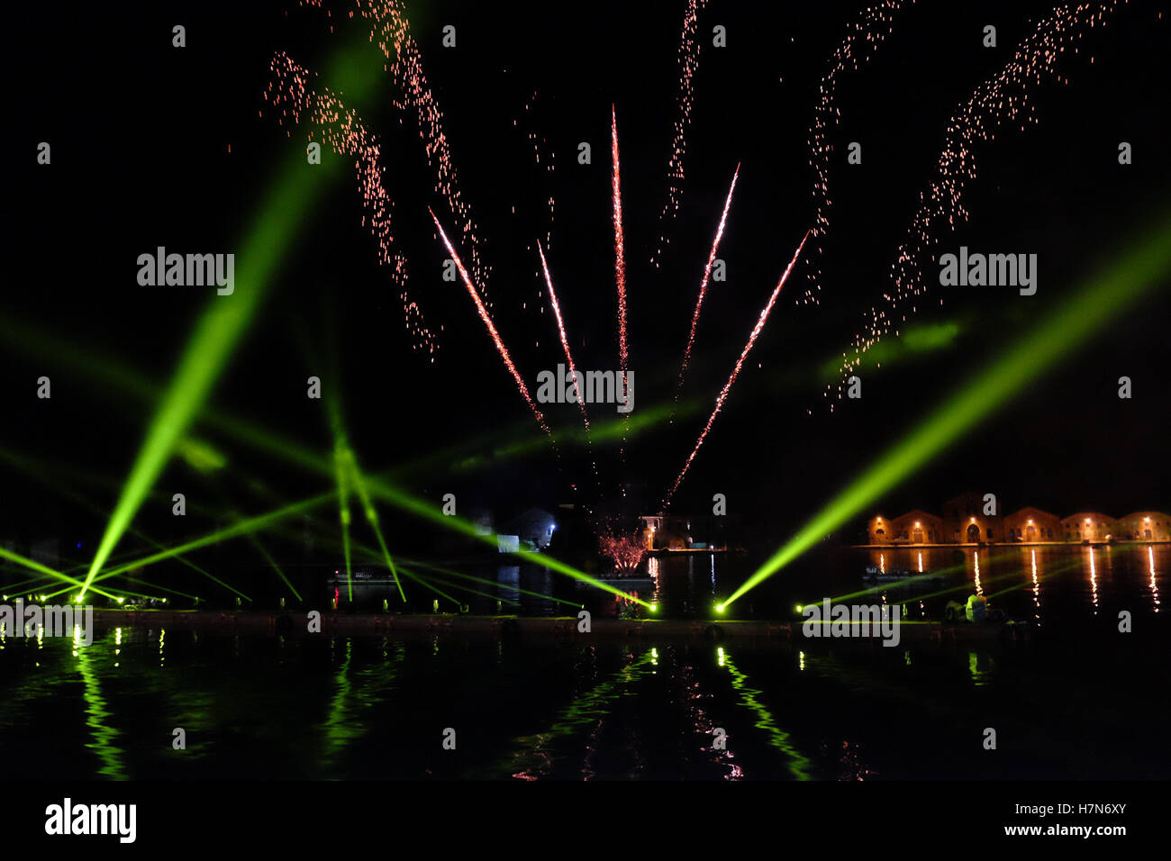 Venice, carnival 2015, performaces and fireworks in the Arsenal Stock ...