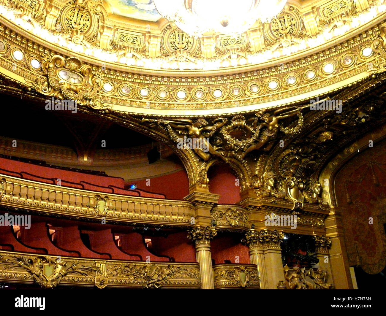 French opera house, interior balconies and golden decorations. Details ...