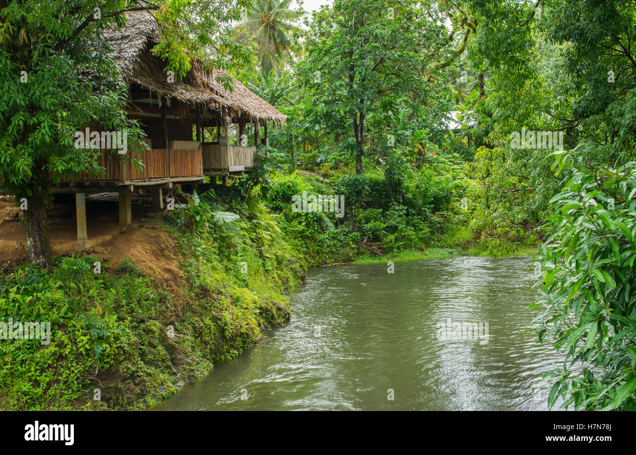 Saladak Micronesia beautiful house on river with lush tropical land ...