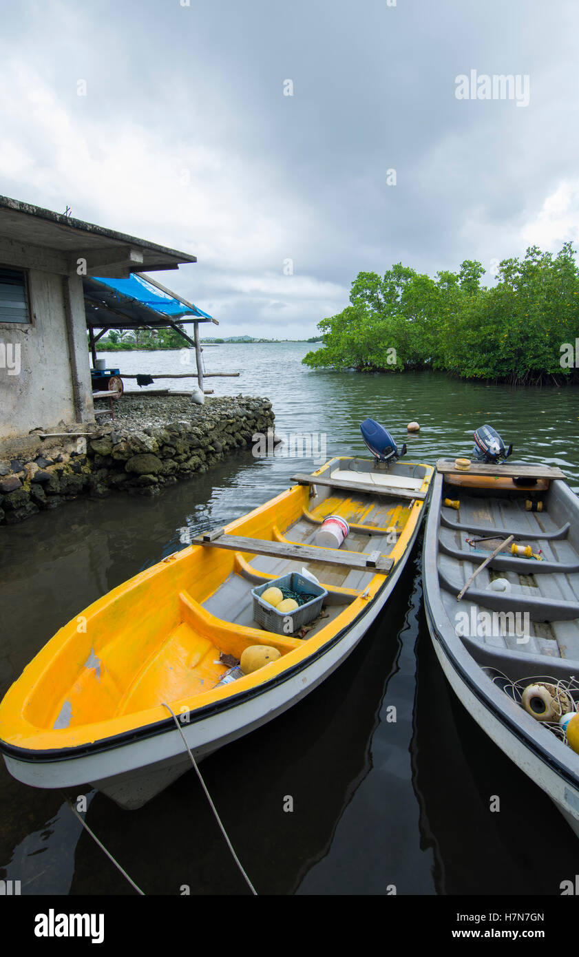 Pohnpei Micronesia boats on water at local homes used for fishing ...