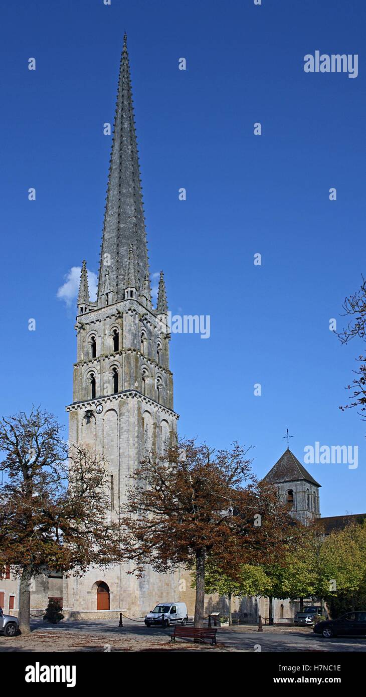 Spire and tower of Abbey church of St Savin sur Gartempe, France Stock ...