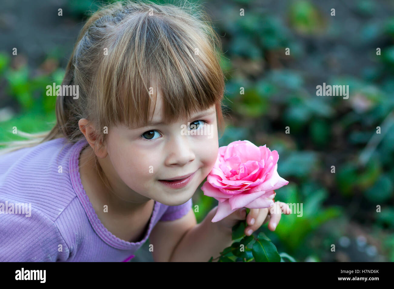 Cute little girl with pink rose flower Stock Photo - Alamy