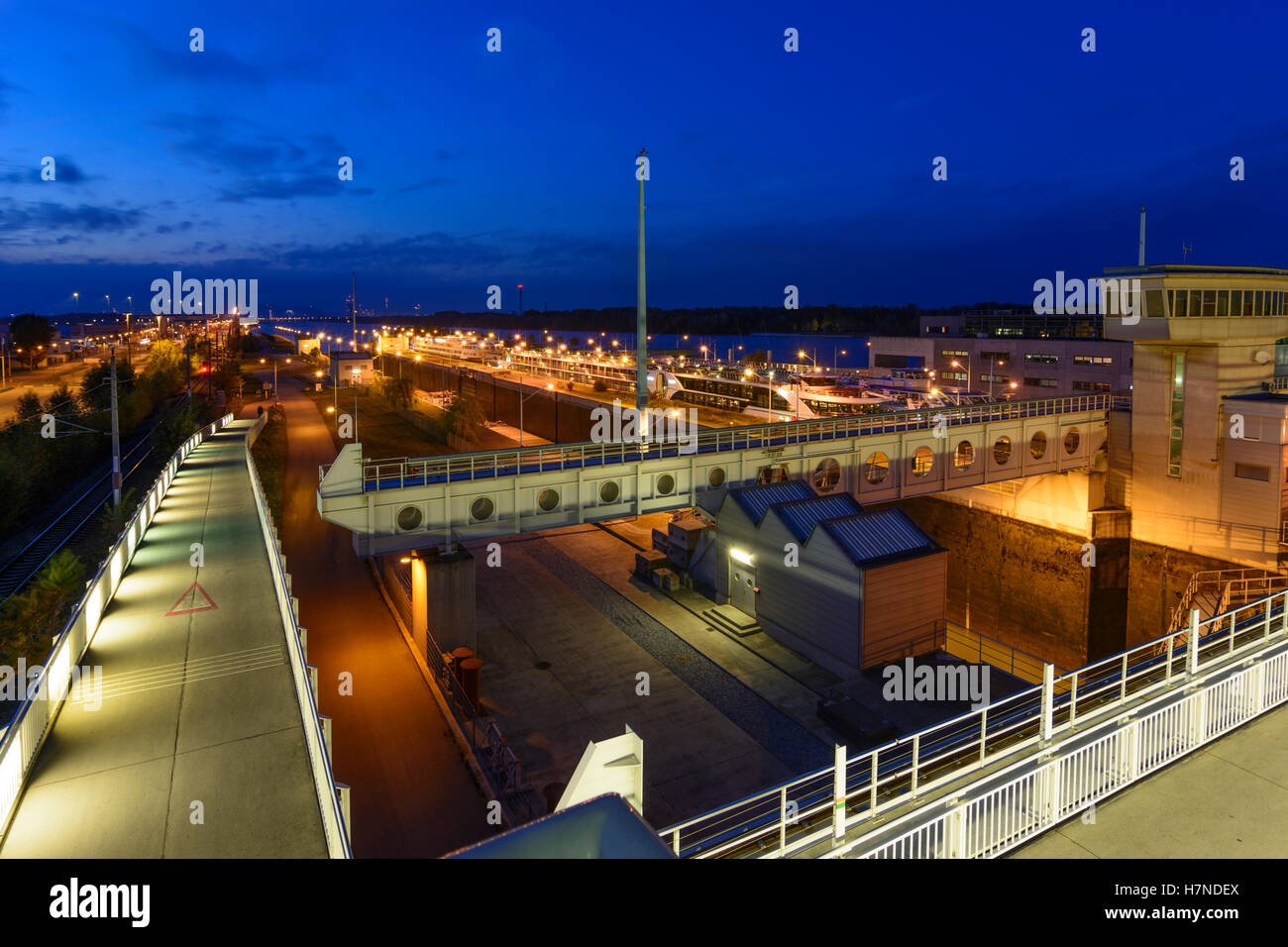 Wien, Vienna: water power station Freudenau at Danube, lock, cruise ...