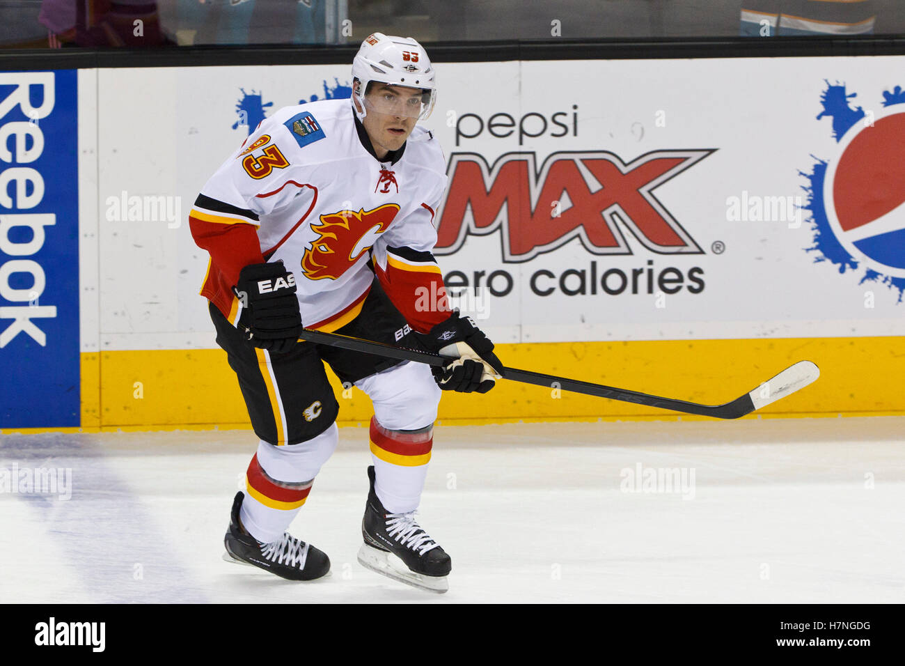 Jan 17, 2012; San Jose, CA, USA; Calgary Flames left wing Mike ...