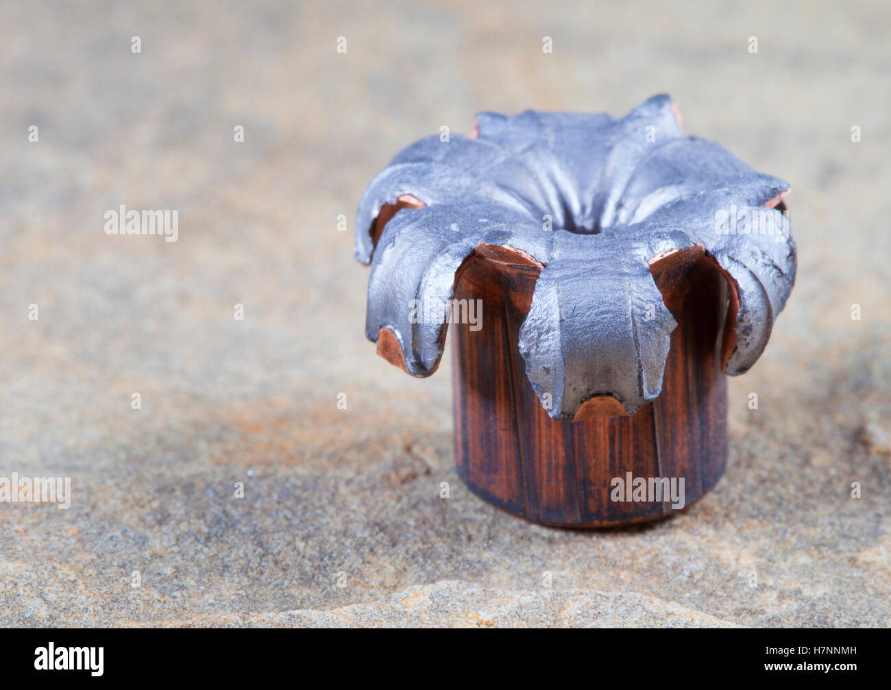Hollow point lead bullet with a copper jacket that has hit its target ...