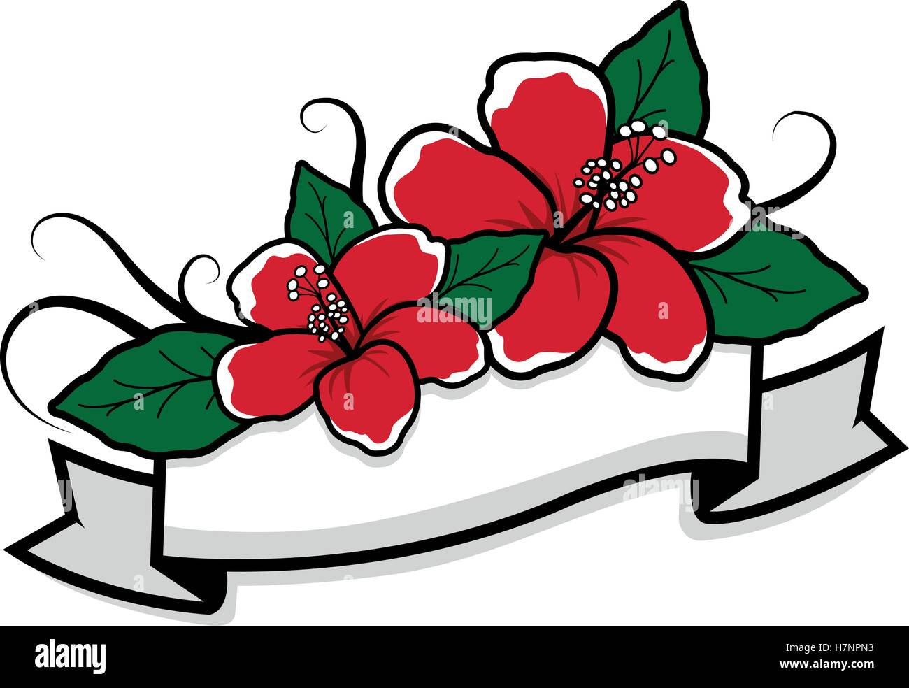 Hawaiian hibiscus flowers and blank sign with tropical flowers. Ribbon ...