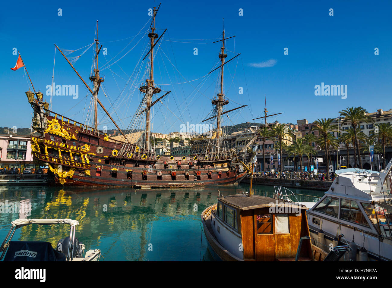 Galeone Neptune ship, tourist attraction. The harbour of Genoa ...