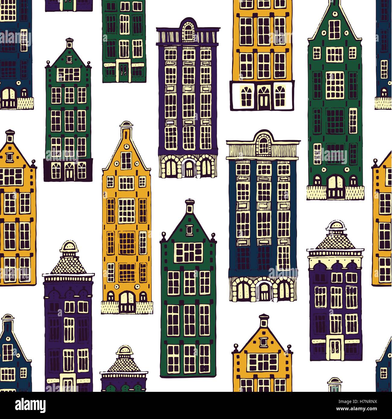 Vector seamless pattern with town houses. Hand drawn Stock Vector Image ...