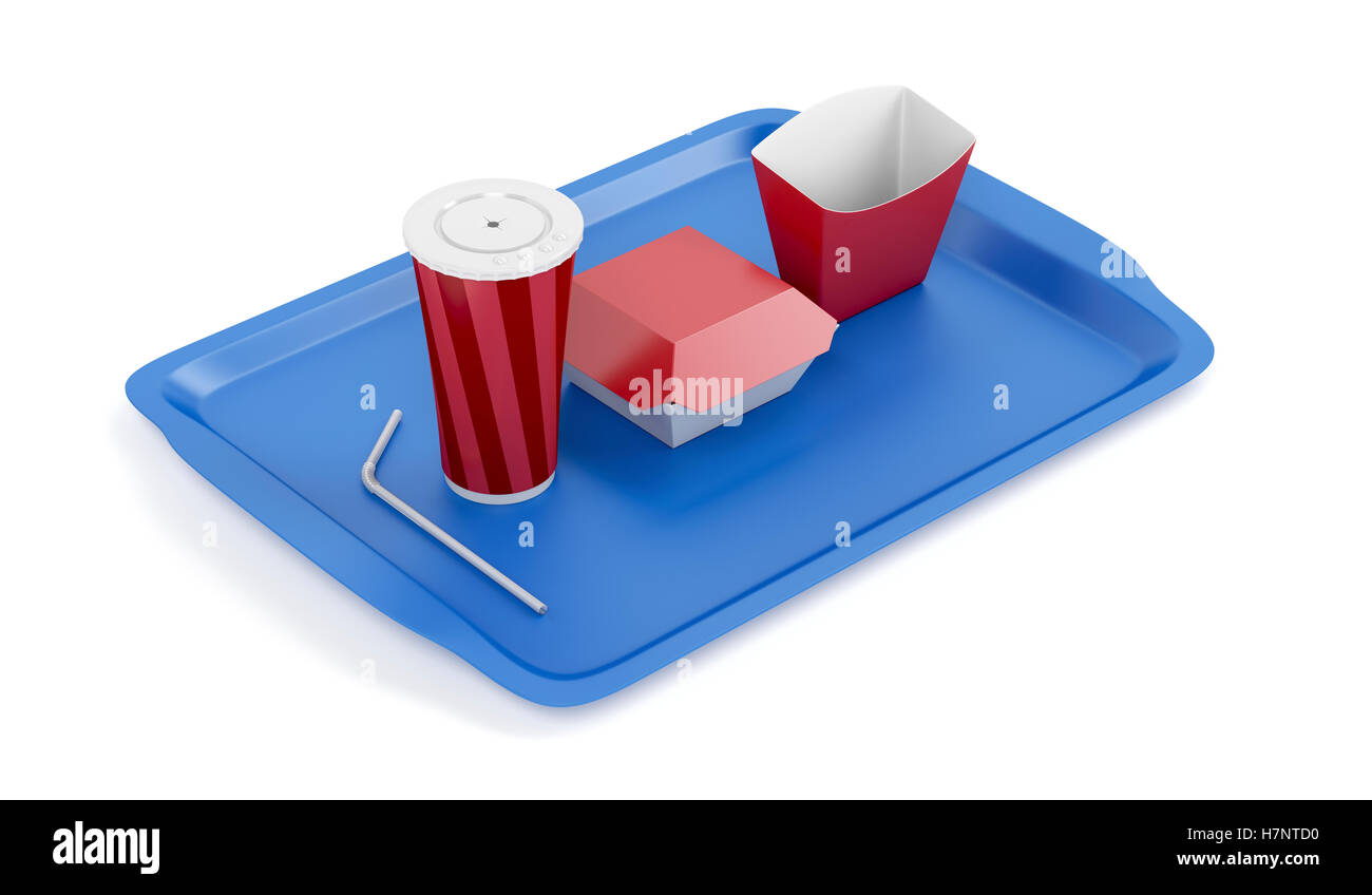 Plastic tray with empty soda cup, sandwich and french fries boxes Stock ...