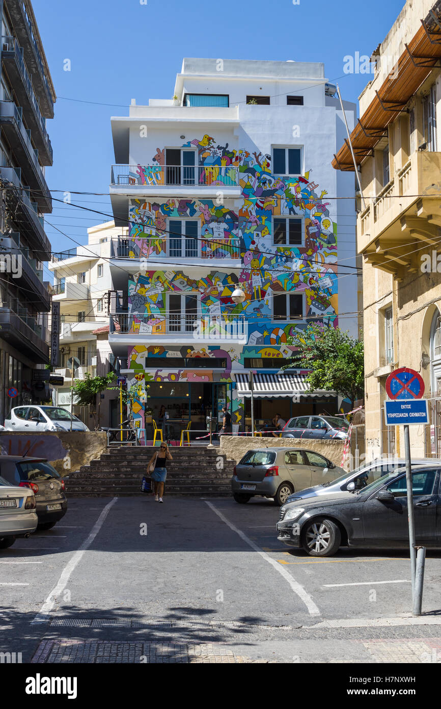 HERAKLION, GREECE - JULY 09, 2016: Crete. Nicely painted building in ...
