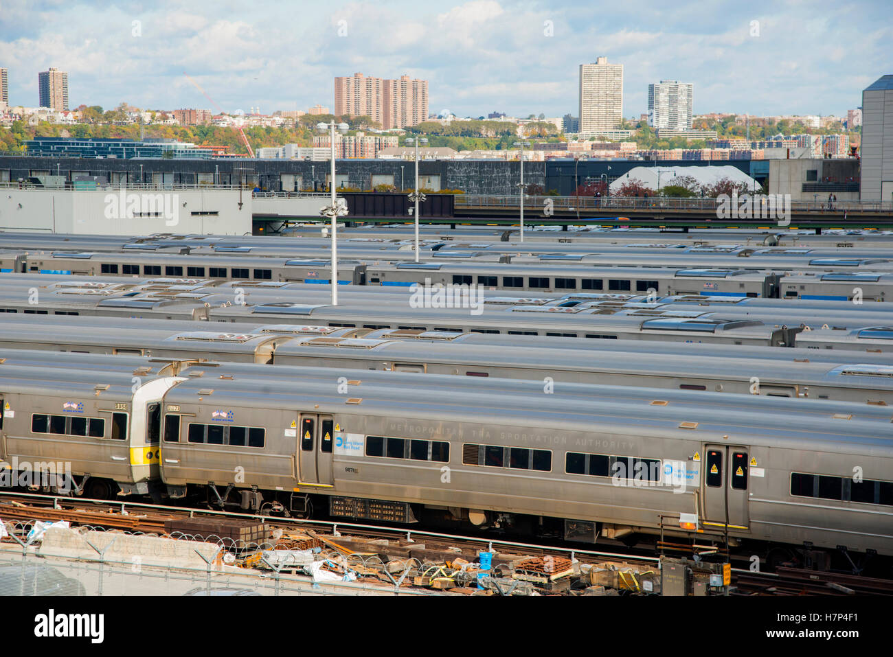 New York subway trains at the MTA stock yards, seen from the Highline ...