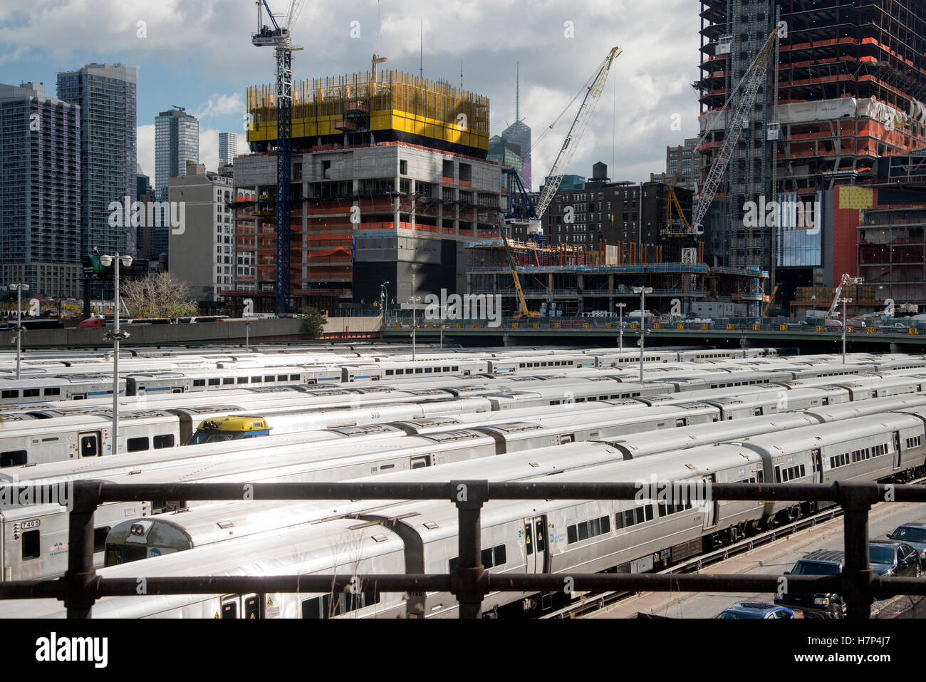 New York subway trains at the MTA stock yards, seen from the Highline ...